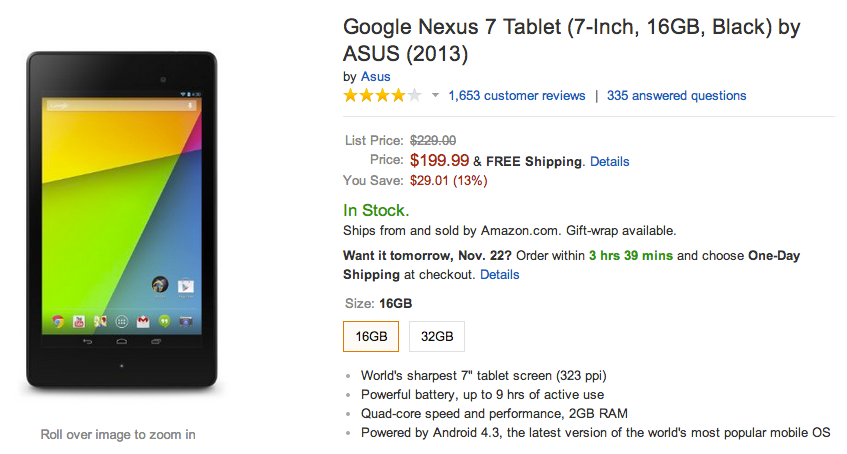 Amazon Selling Nexus 7 (2013) 16GB for $199, 32GB for $239